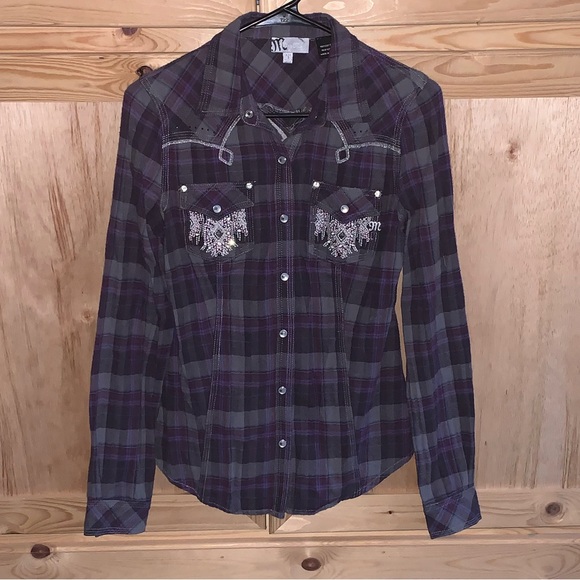 Miss Me | Tops | Miss Me Purple Plaid Flannel Western Rodeo Shirt Size ...